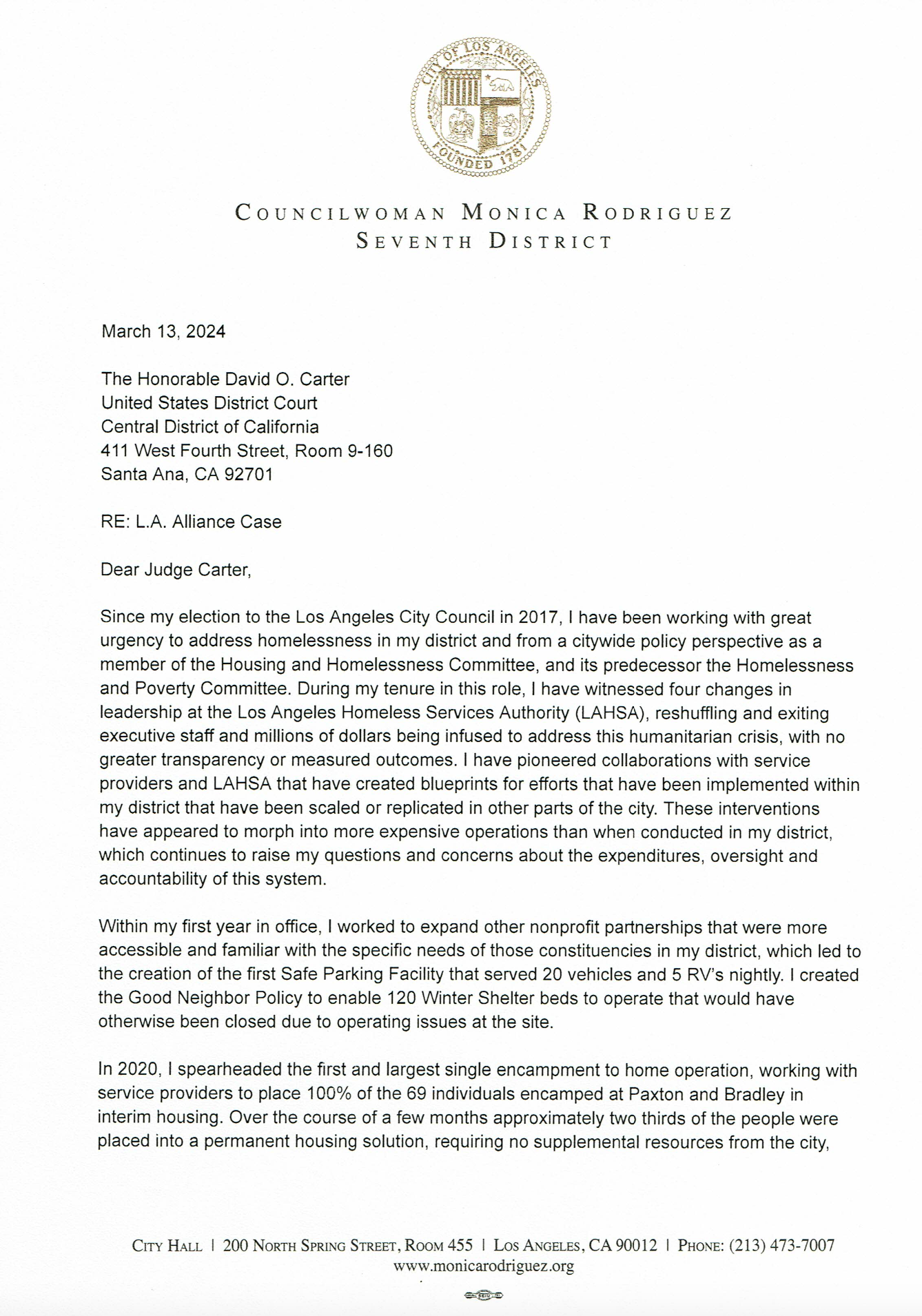 A letter to Judge David O. Carter regarding the L.A. Alliance case ...